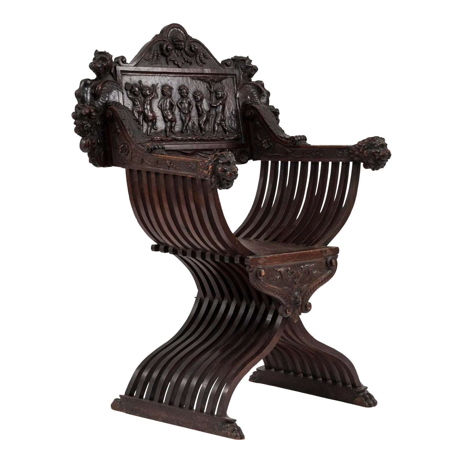 Italian Renaissance Carved Walnut Savonarola Armchair | Chairish