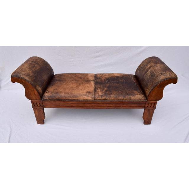 Vintage Roll Arm Leather & Oak Bench | Chairish