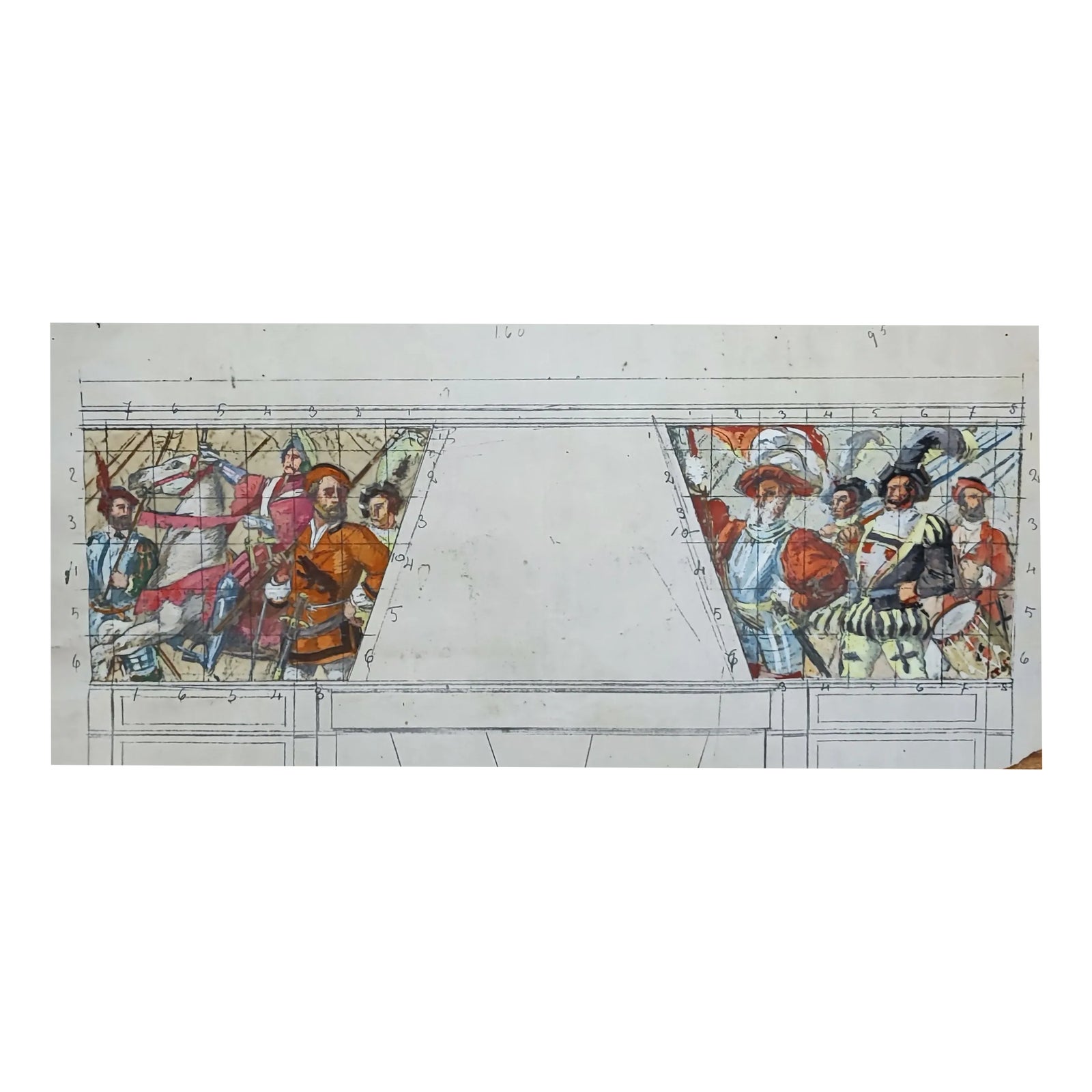 Henri Fehr, Etude de la bataille de Näfels, Pastel, Gouache & Pencil on ...