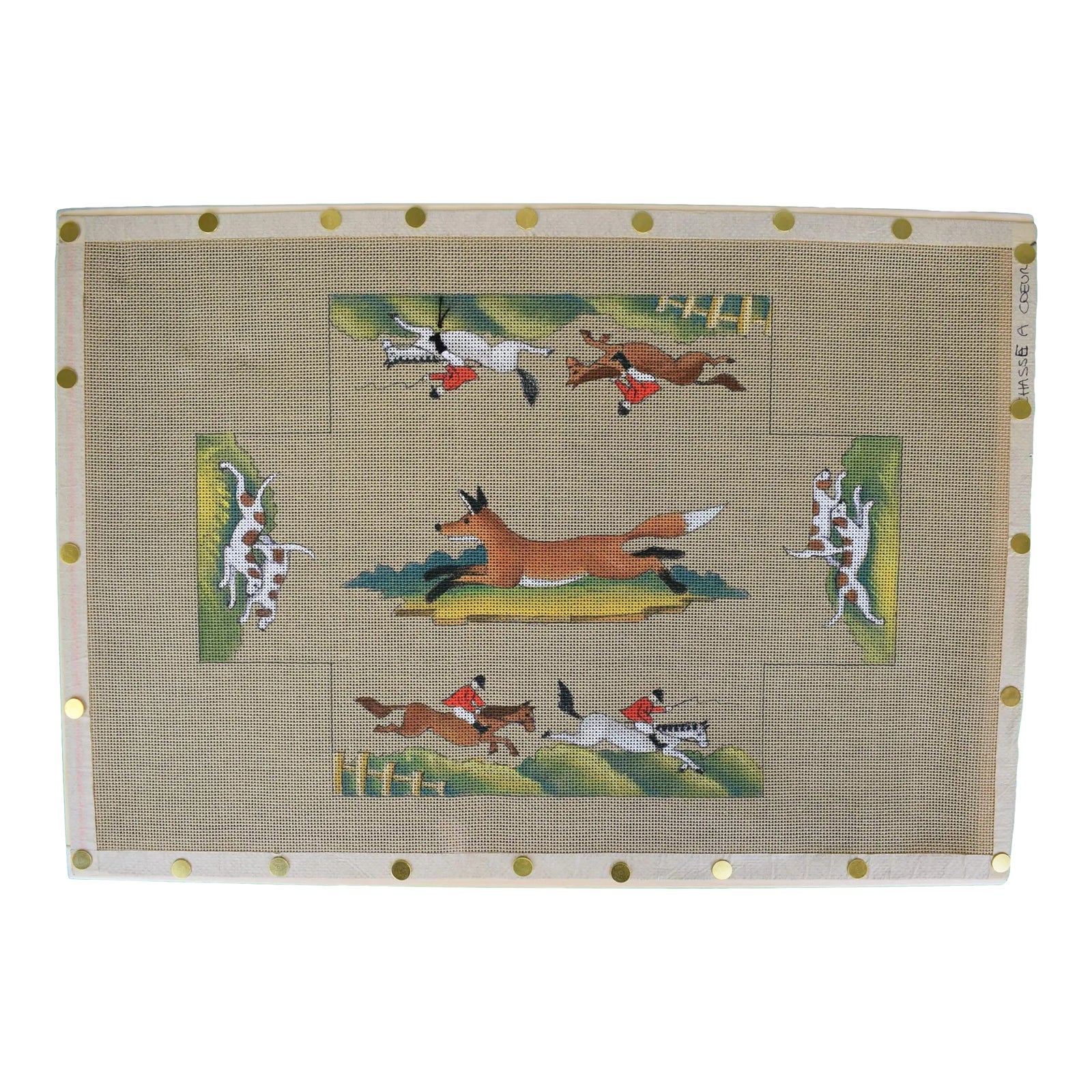 Late 20th Century Hand-Painted Fox-Hunt Scene Needlepoint Canvas | Chairish