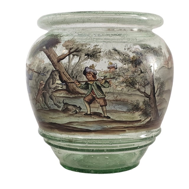 German Soda Glass Vase With Hand Painted Enameled Hunting Scene | Chairish