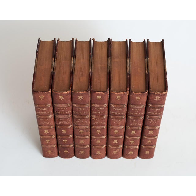 Antique Works of Longfellow Brown Leather-Bound Books - Set of 7 | Chairish
