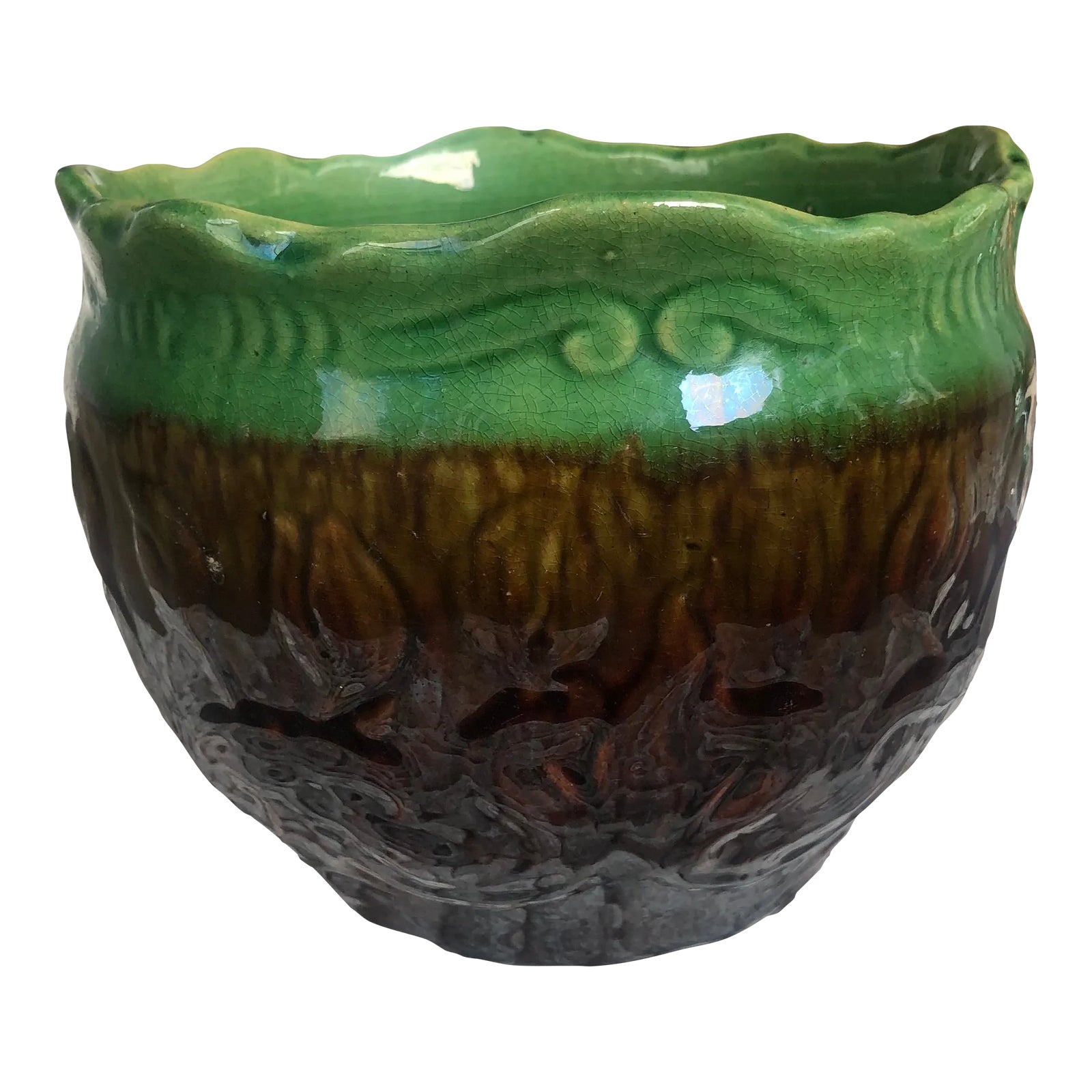 1920s Weller Pottery Green & Chocolate Brown Glazed Jardiniere in Tulip ...