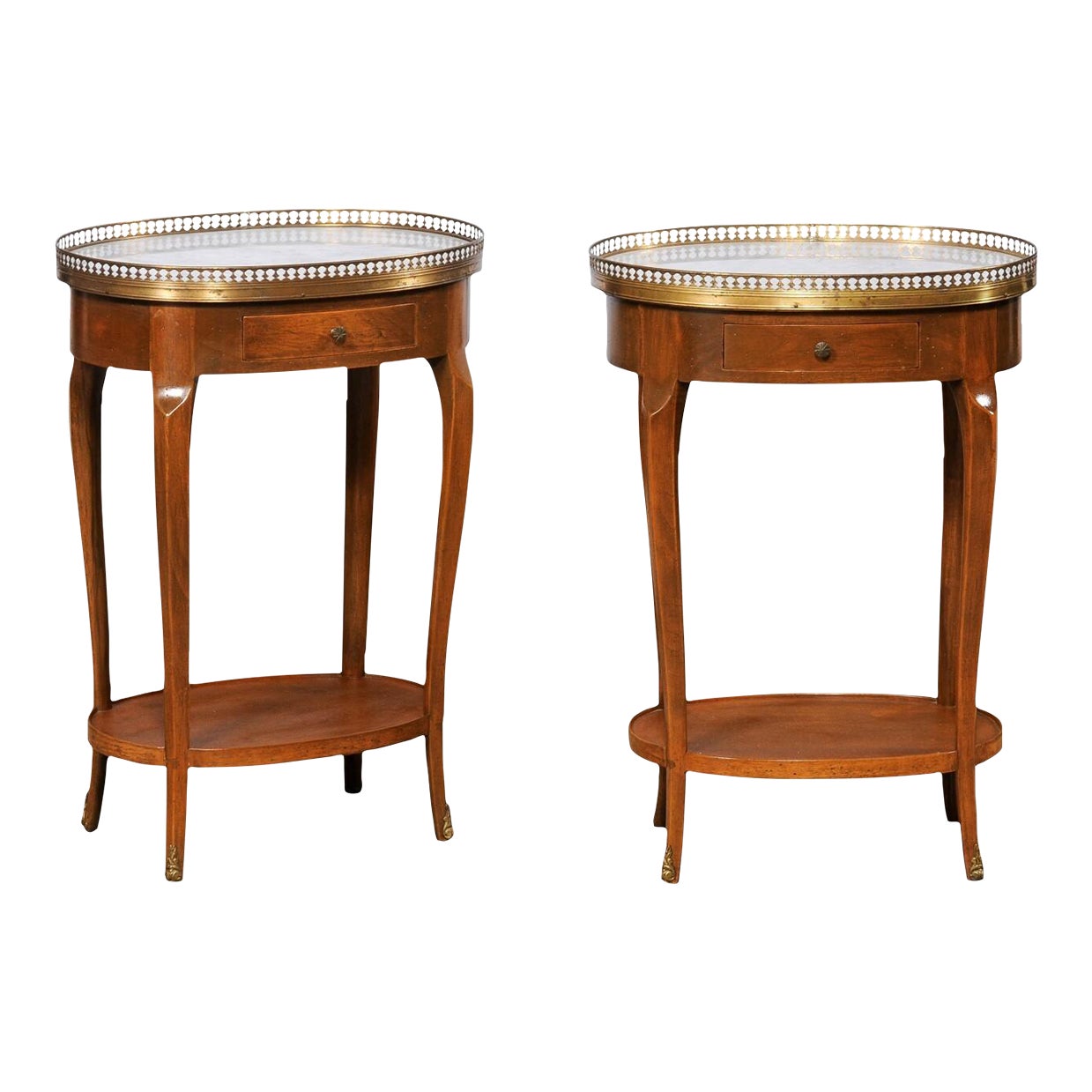 Mid 20th Century French Pair Oval Side Tables W/Marble & Brass Gallery ...