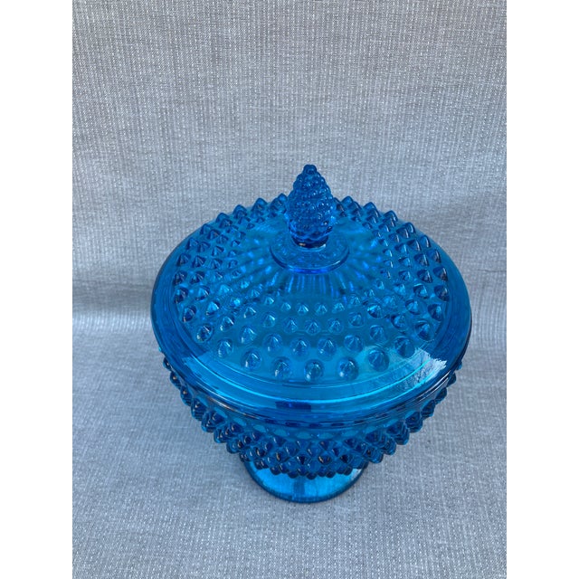 Vintage L E Smith Turquoise Blue Glass Hobnail Covered Dish | Chairish