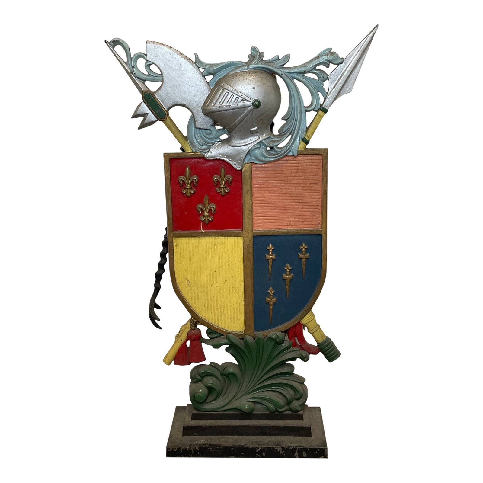 Late 20th Century French Heraldry Knight Shield Fleur De Lys Fire ...