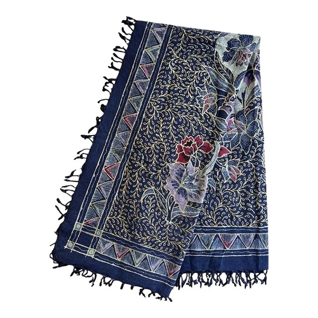 Vintage Square Batik Blue Floral Tablecloth With Fringe - Indonesia ...