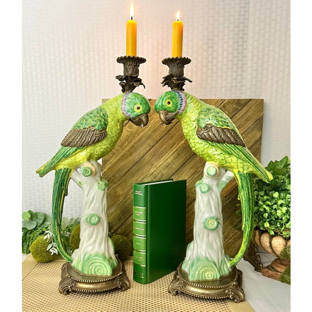 Mid 20th Century Castilian Imports Parrot Porcelain and Bronze Candle ...