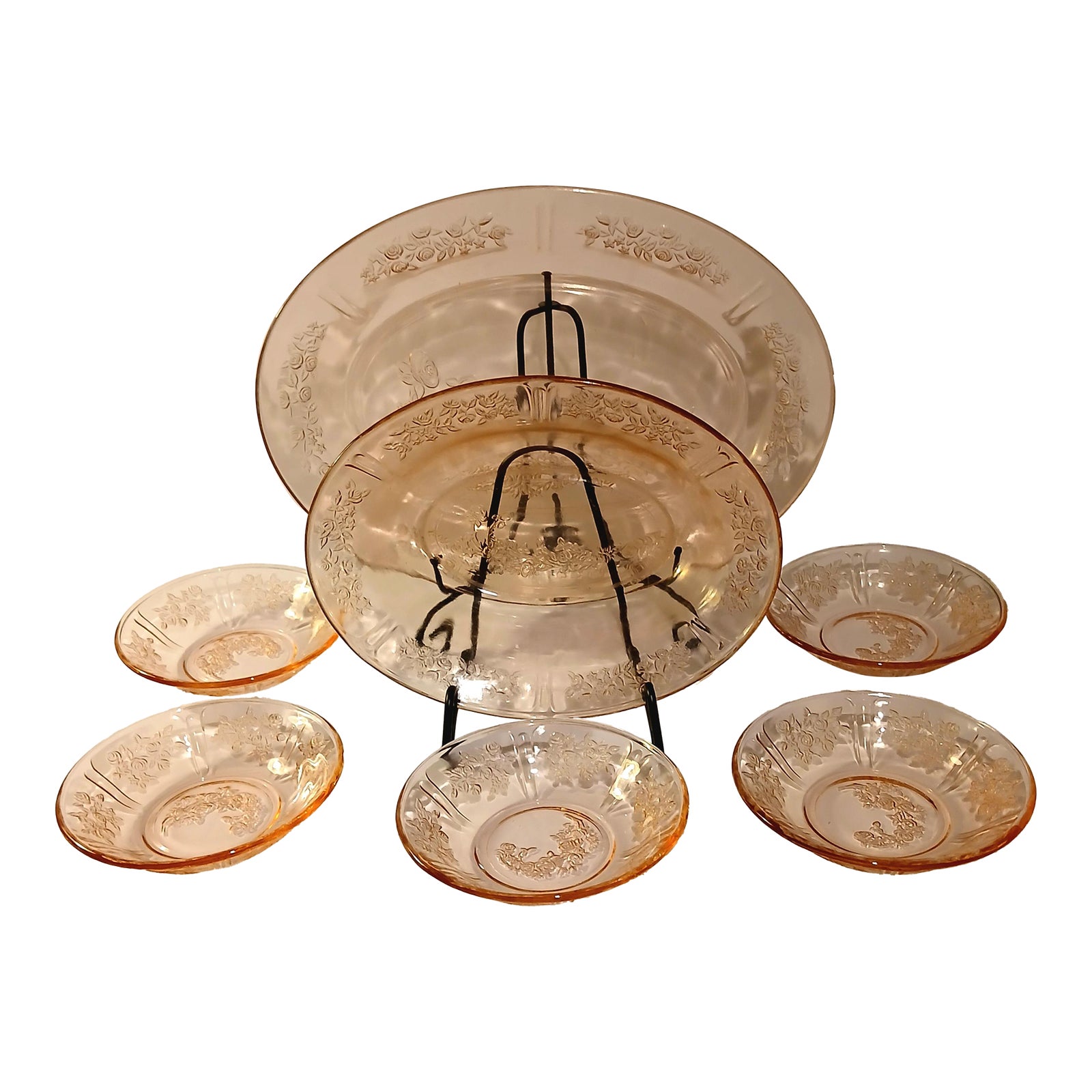 Federal 7 Piece Sharon Pink Depression Glass Serving Set | Chairish
