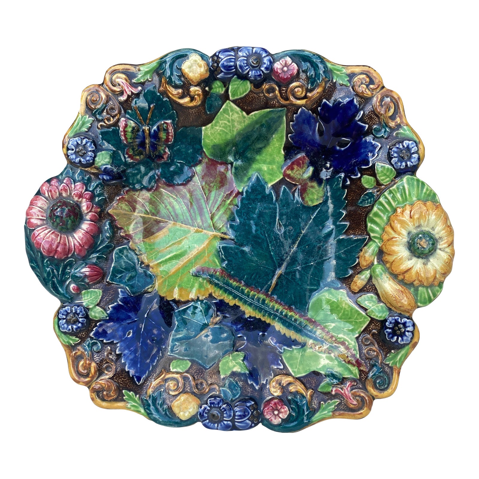 19th Century English Majolica Botanical Cake Stand | Chairish