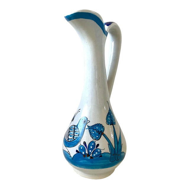 20th Century Mexican Tonala Bird Blue and White Pitcher | Chairish