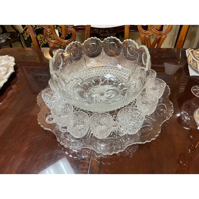 Late 20th Century Eapg Manhattan Pattern Glass Large Punch Bowl Set- 21 ...