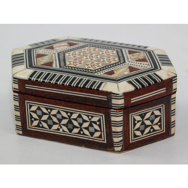 Moorish White Hexagonal Box With Inlaid Mosaic Marquetry | Chairish