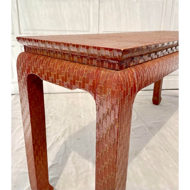 1980's Baker Leather Wrapped Lacquered Ming Console Table | Chairish