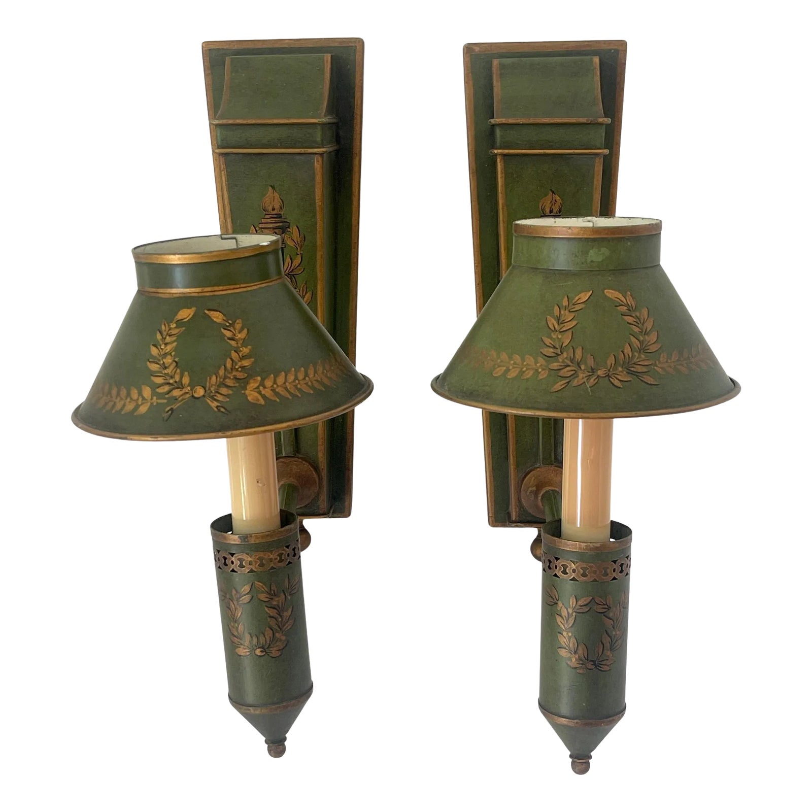 Pair French Neoclassical Olive Green Tole & Gilt Sconces with Shades ...