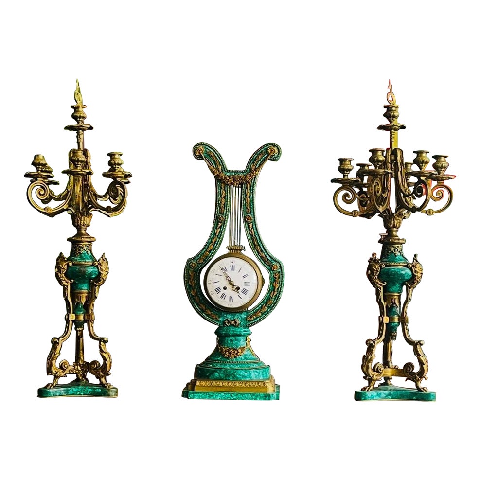 Early 18th Century Malachi Clock and Candelabra Set - 3 Pieces | Chairish