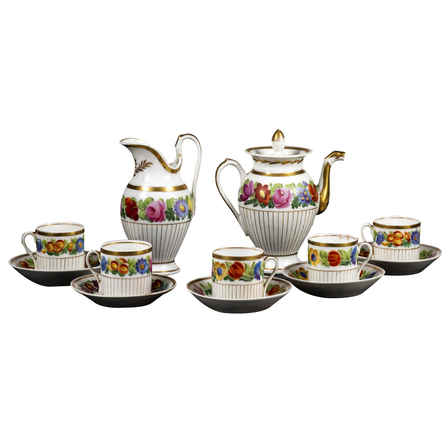 Napoleon III Ceramic Tea Set with Floral Decorations and Gold Edge ...