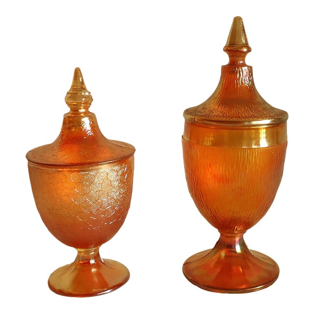 Iridescent Mid-Century Marigold Carnival Glass Lidded Bar Jars - a Pair ...