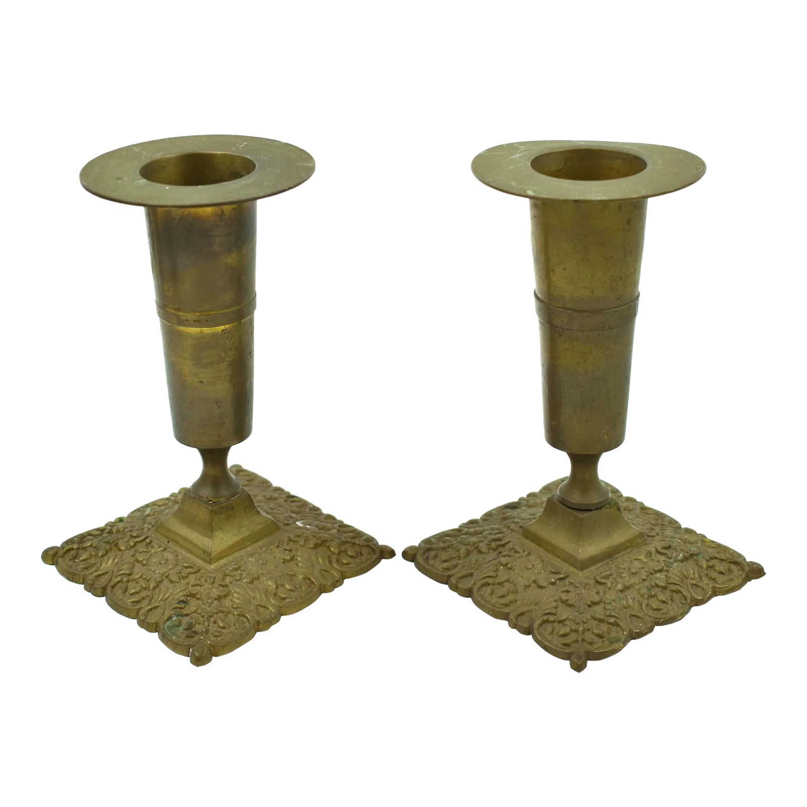 Mid Century Short Brass Candle Holder With Embossed Details Base - a ...