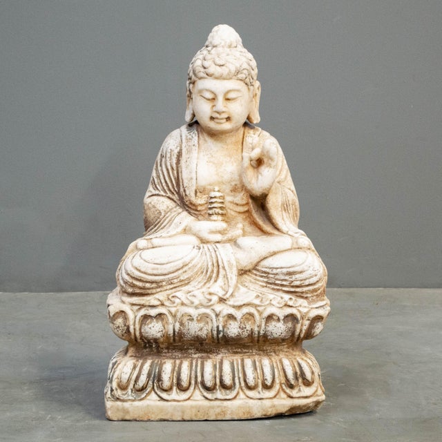 Carved and Patinated White Marble Chinese Buddha Sitting on a Lotus ...