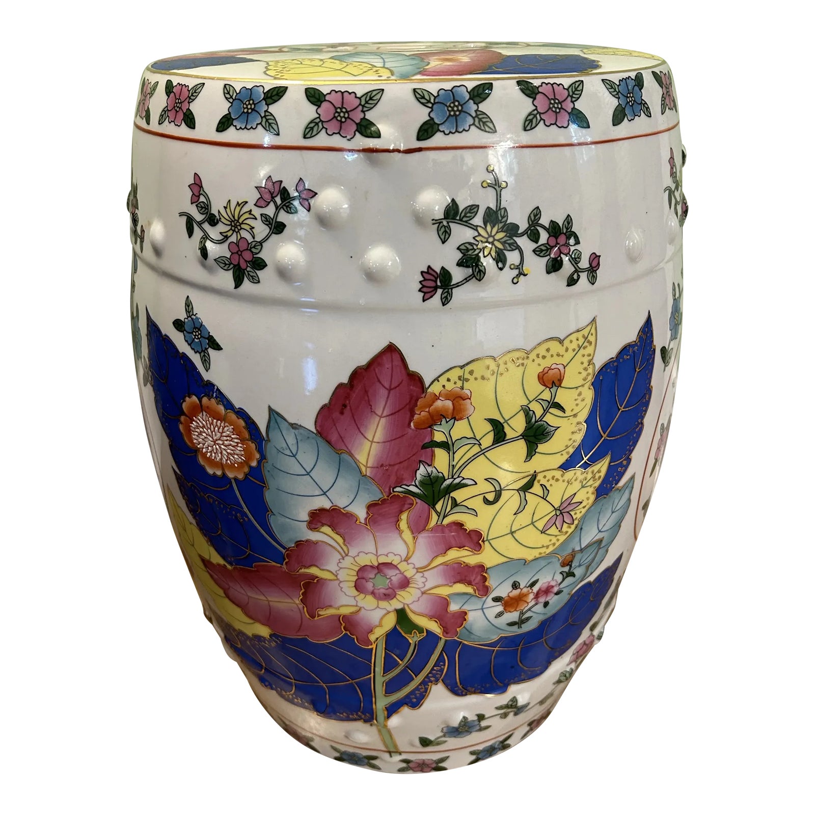 Vintage Chinoiserie Tobacco Leaf Porcelain Garden Stool | Chairish