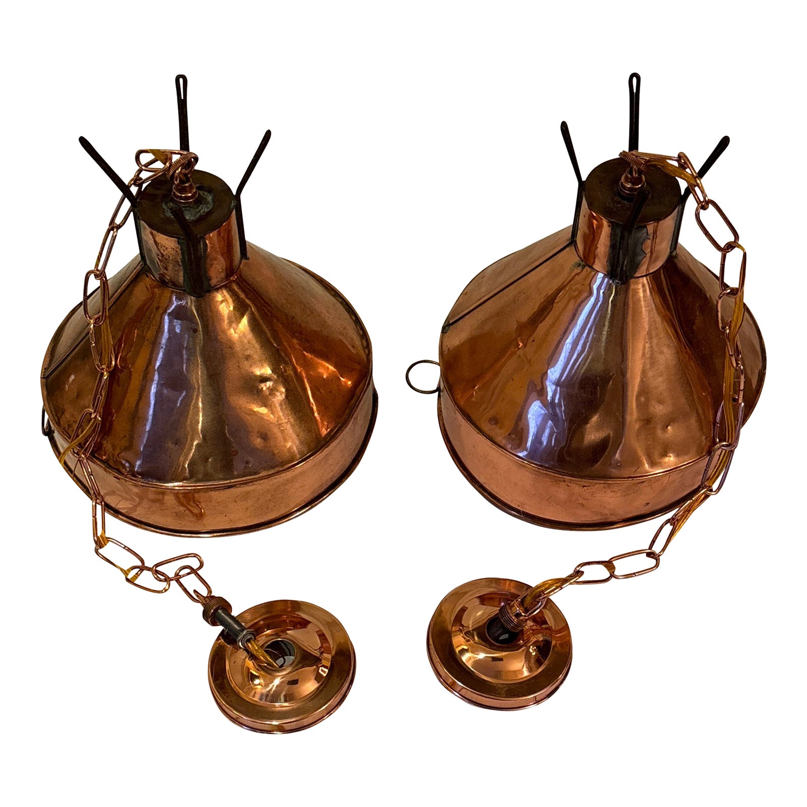 Pair of Antique Copper Milk Funnel Electrified Light Fixtures | Chairish