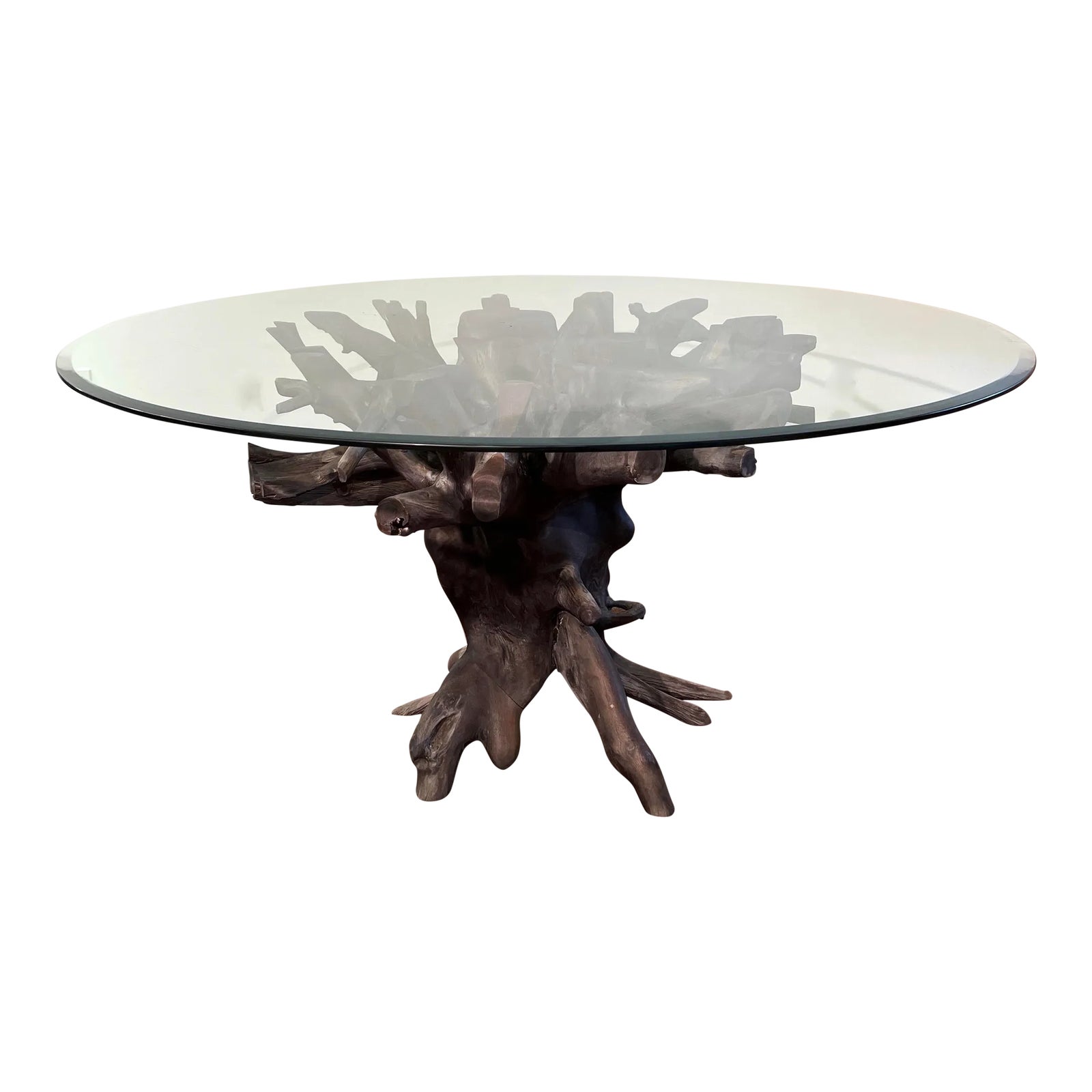 Organic Modern Dining Table in Charred Teak Root Wood and Glass ...