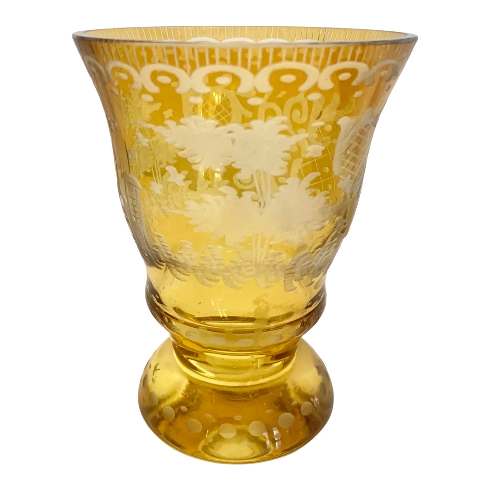 Czech Hand Cut Amber Glass Small Vintage Vase With Scenes of Castle ...