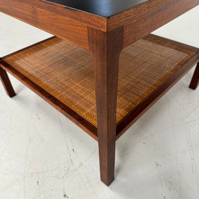 70s Walnut Side Table With Cane Shelf | Chairish