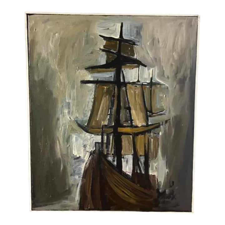 Vintage Oil Painting Ship Masts Earth Tones Framed Signed | Chairish