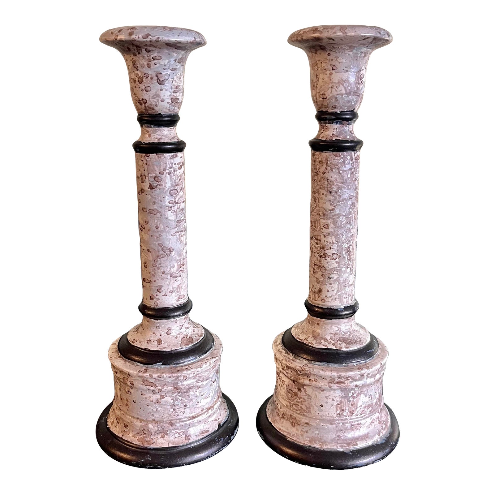 Vintage Italian Faux Stone Painted Candlesticks | Chairish