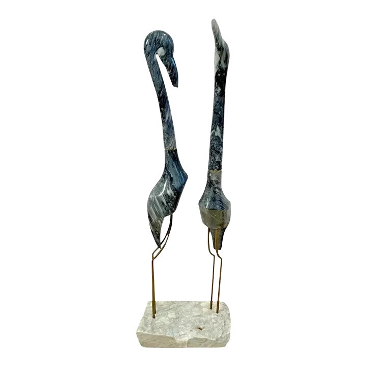 Mid Century Large Marble Flamingo Statue Birds Metal Legs White Stone ...