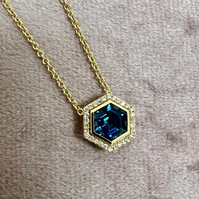 Syna Yellow Gold London Blue Topaz Hex Necklace with Diamonds | Chairish
