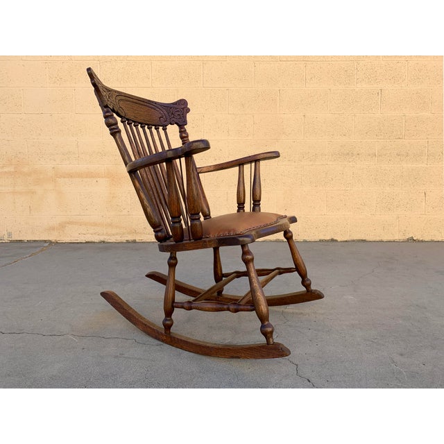 Early 1900s Press Back Rocking Chair With New Leather Seat | Chairish
