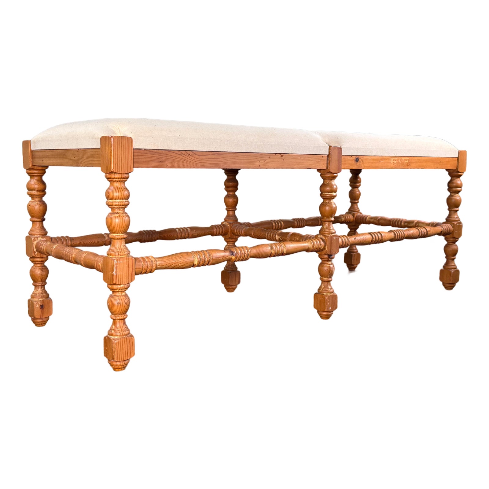 Vintage French Country Style Wood Upholstered Bench With Turned Legs ...