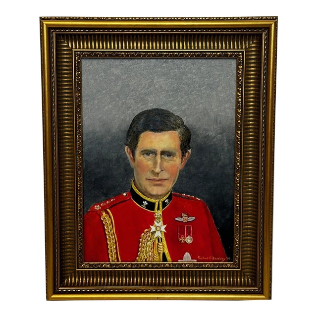 1990s Oil Painting Portrait Charles Prince of Wales Wearing Red Mess Dress | Chairish