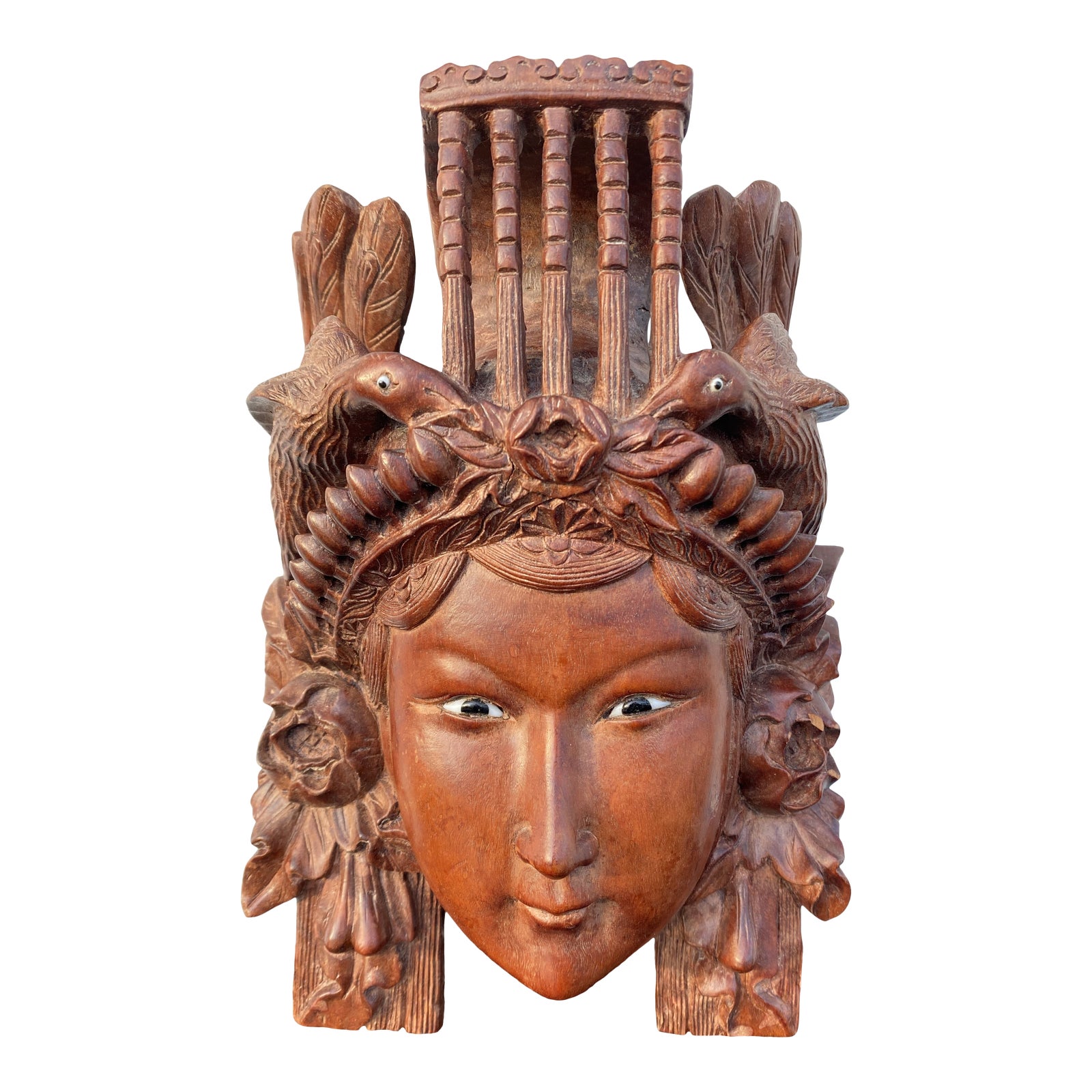 Vintage Chinese Carved Wood Head Sculpture | Chairish