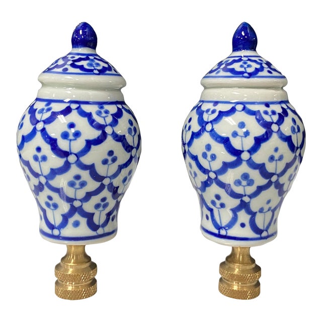 Blue and White Ginger Jar Lamp Finials - Fretwork | Chairish