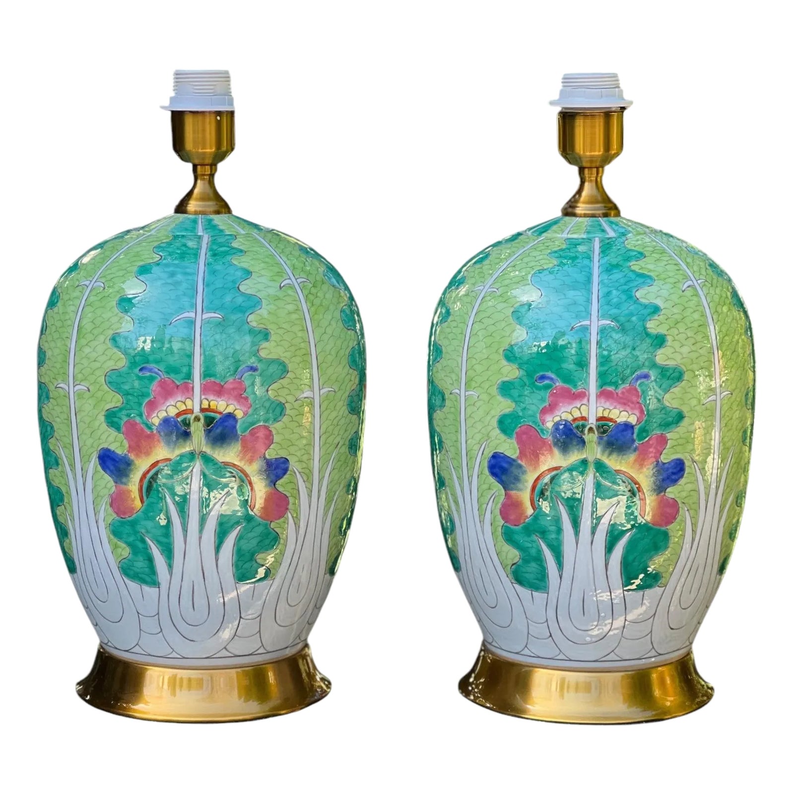 Pair of Hand-Painted Bok Choy Pattern Tall Oval Porcelain Lamps ...