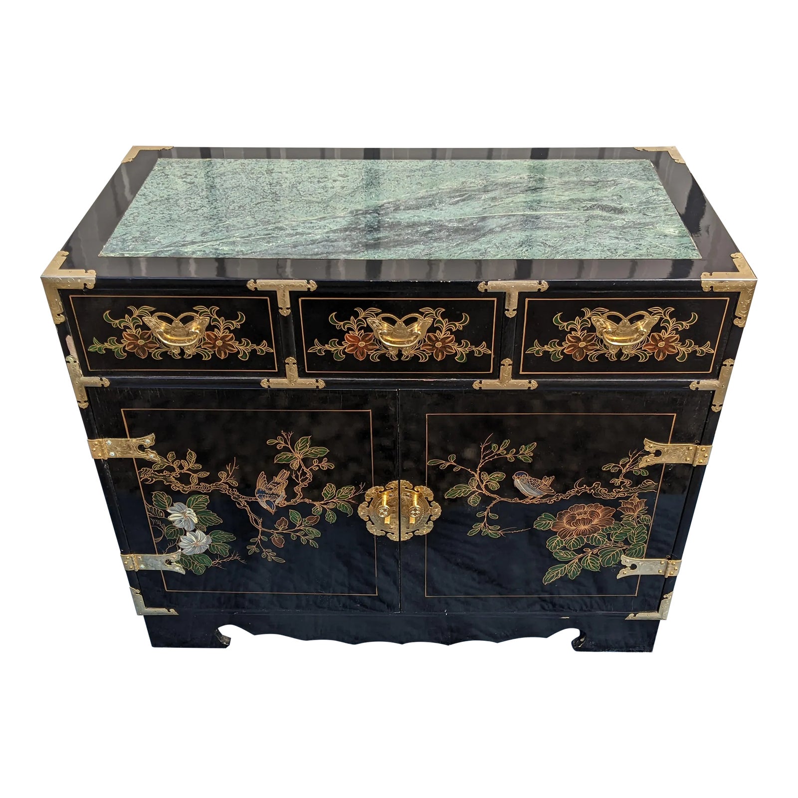 Late 20th Century Asian Black Lacquer Hand-Painted Chinoiserie Granite ...