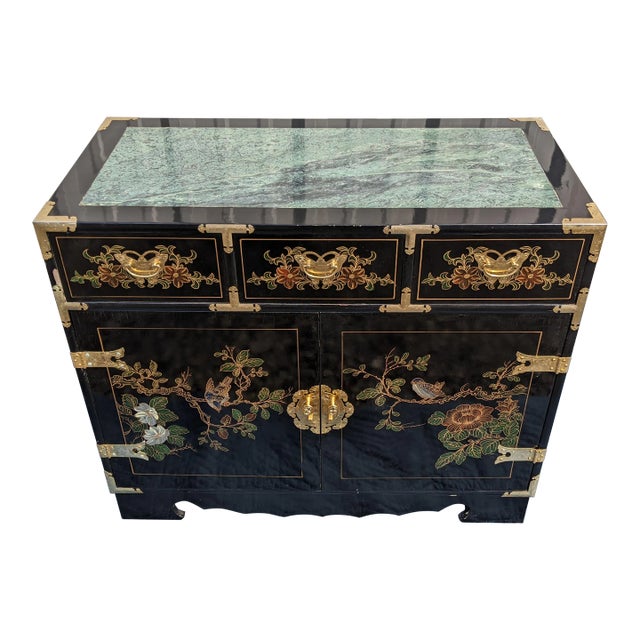 Late 20th Century Asian Black Lacquer Hand-Painted Chinoiserie Granite ...