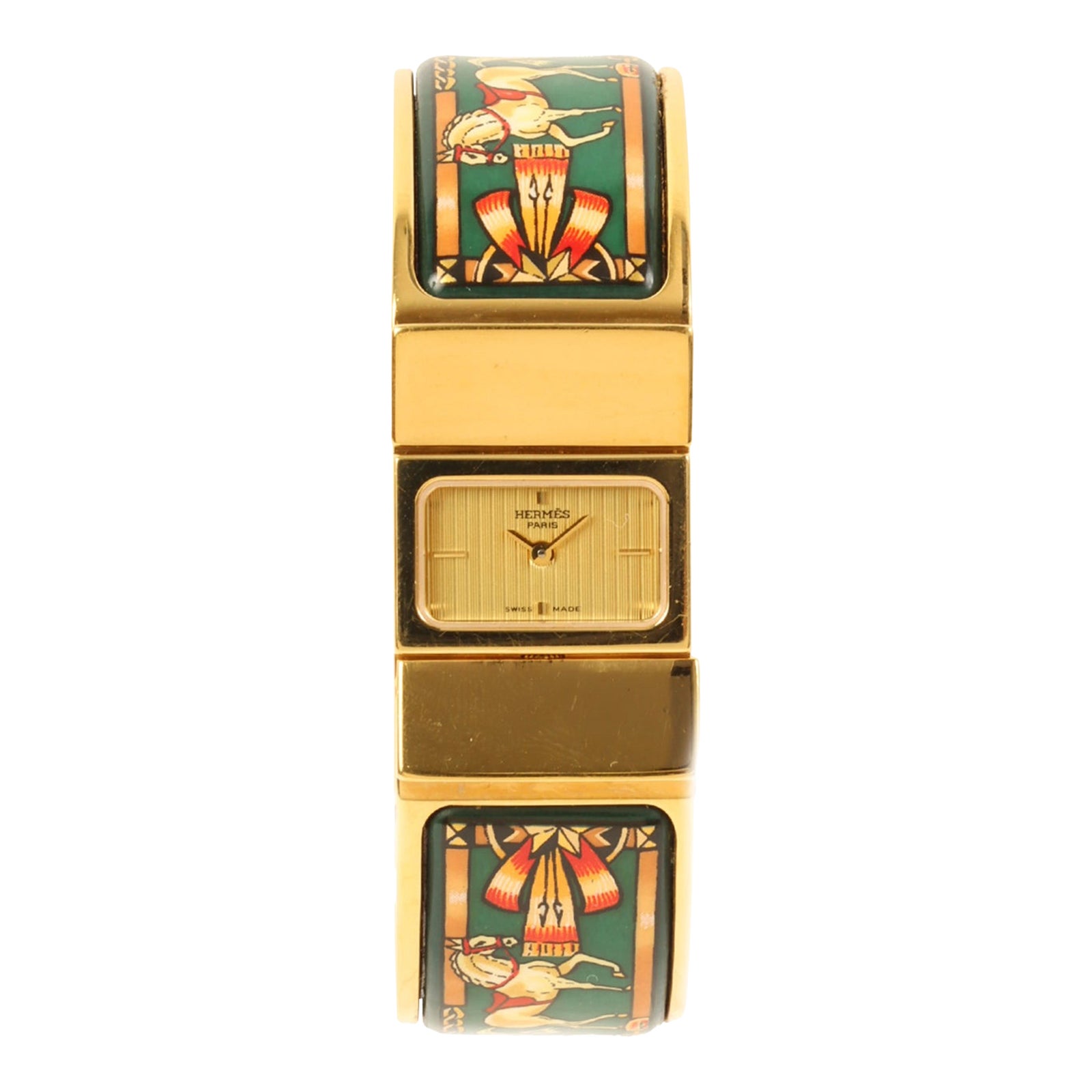 Hermes Loquet Enamel Bangle Watch Gold/Green | Chairish