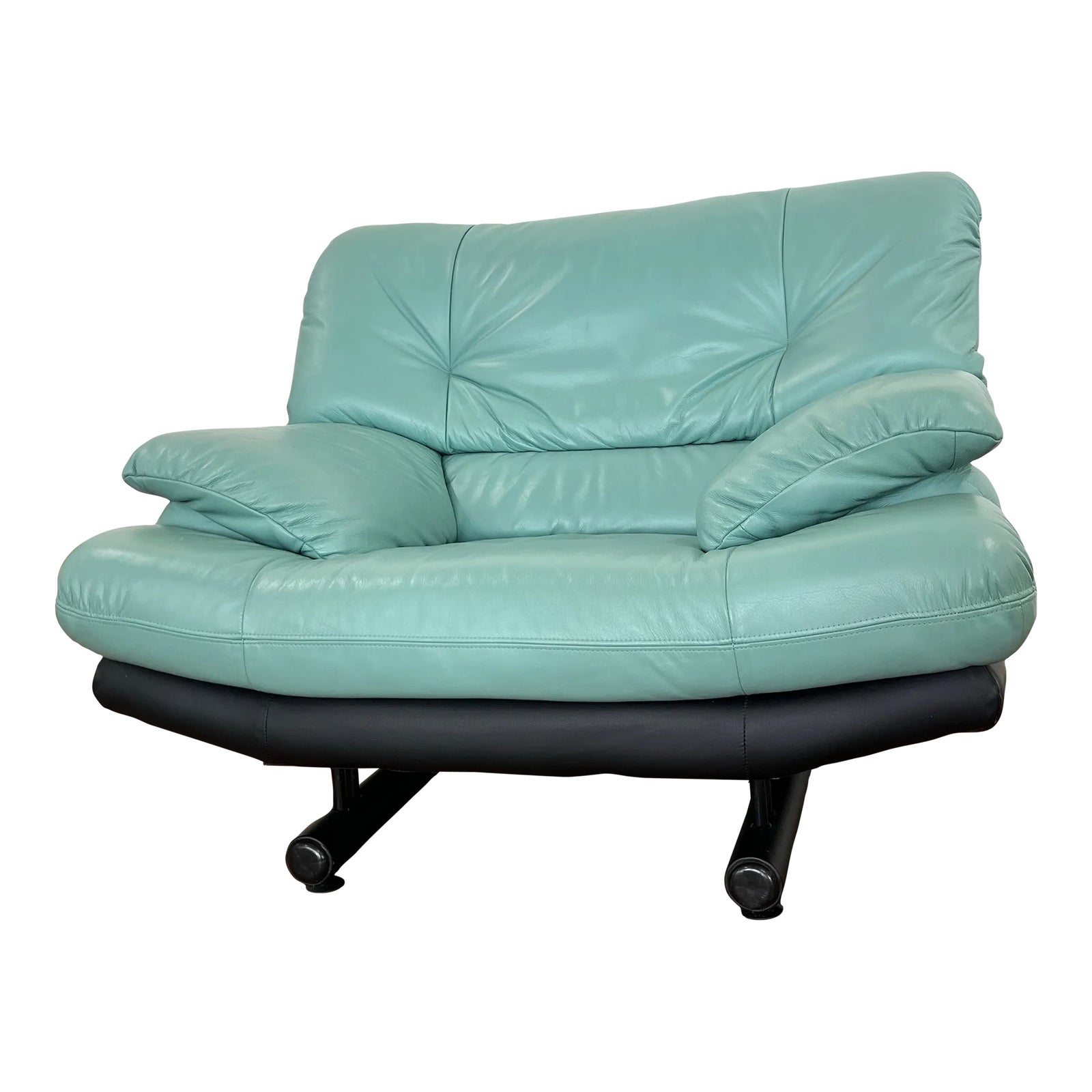 1980 Turquoise Leather Chair Natuzzi Style, Made in Italy | Chairish