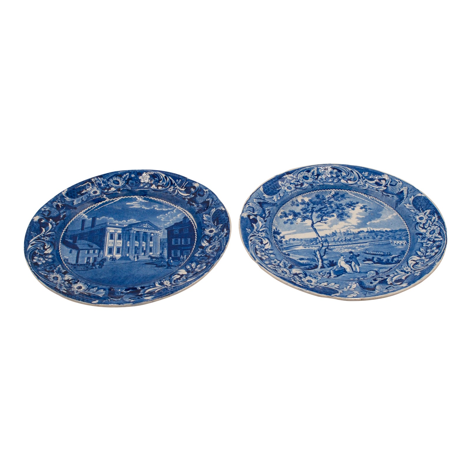 Pair of Philadelphia Staffordshire English Blue & White Plates | Chairish
