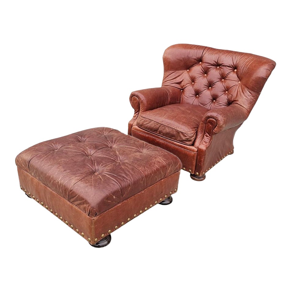 Restoration Hardware Churchill Tufted Leather Chair With Ottoman | Chairish