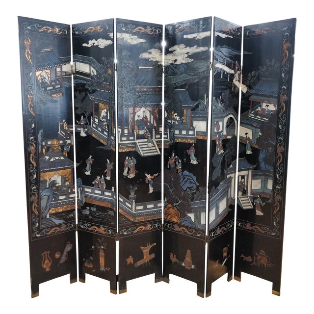 Mid 20th Century Vintage Double-Sided Six-Panel Chinese Folding Screen ...
