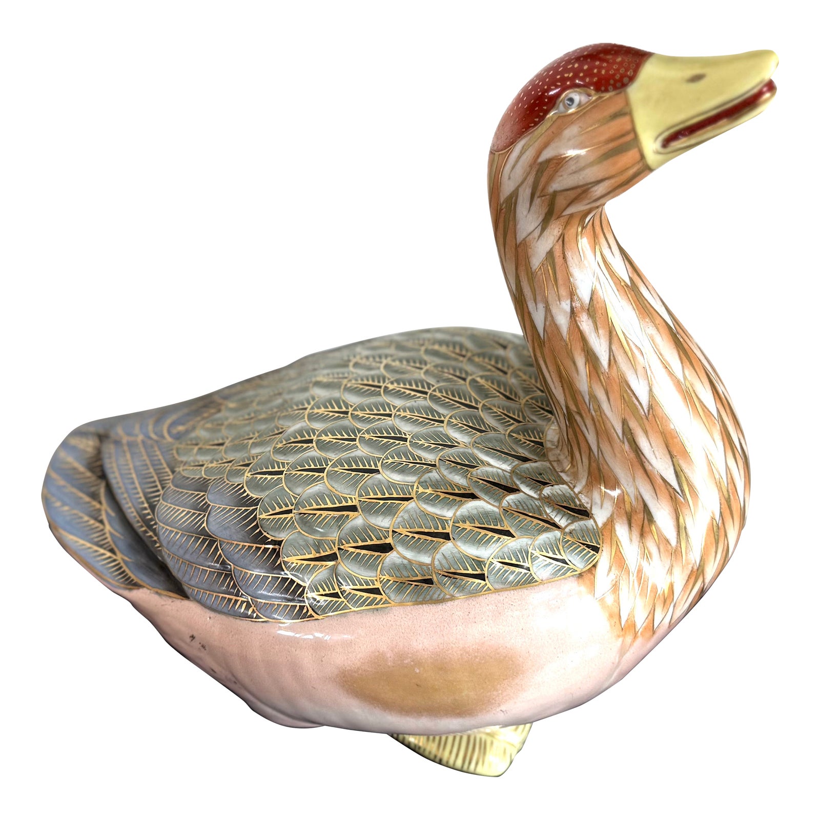 1970s Large Chinoiserie Asian Ceramic Satsuma Hand Painted Goose Duck ...