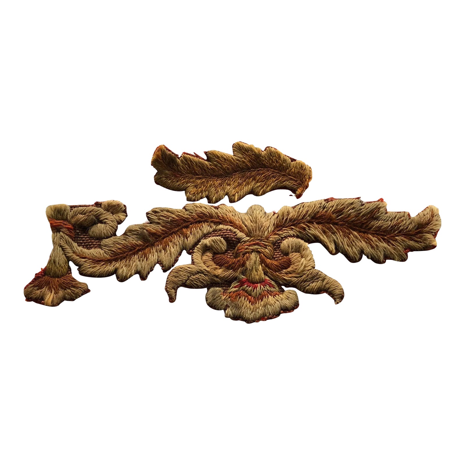 Wool Applique Embroidered Scrolling Leaves on Raffia Trims | Chairish