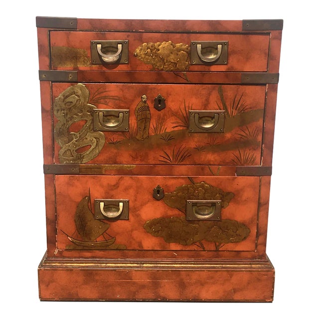 Vintage Asian Chinoiserie Painted Campaign Style Chest | Chairish