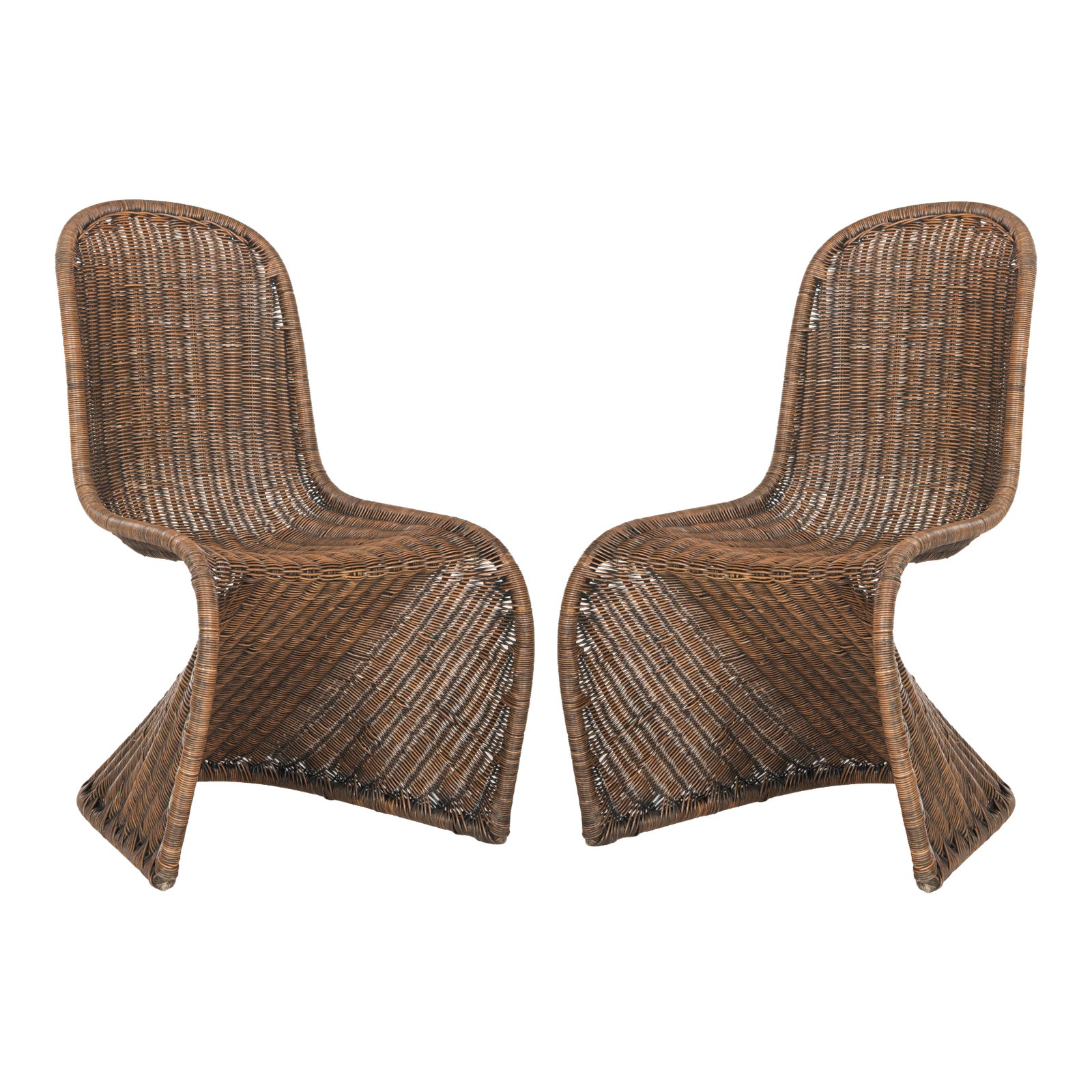 Wicker Side Chair in Brown & Multi - a Pair | Chairish